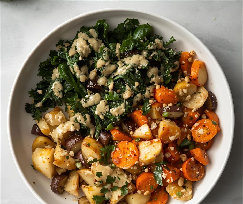 Roasted Root & Kale Bowl with Garlic-Tahini Sauce – Wholistic Jen